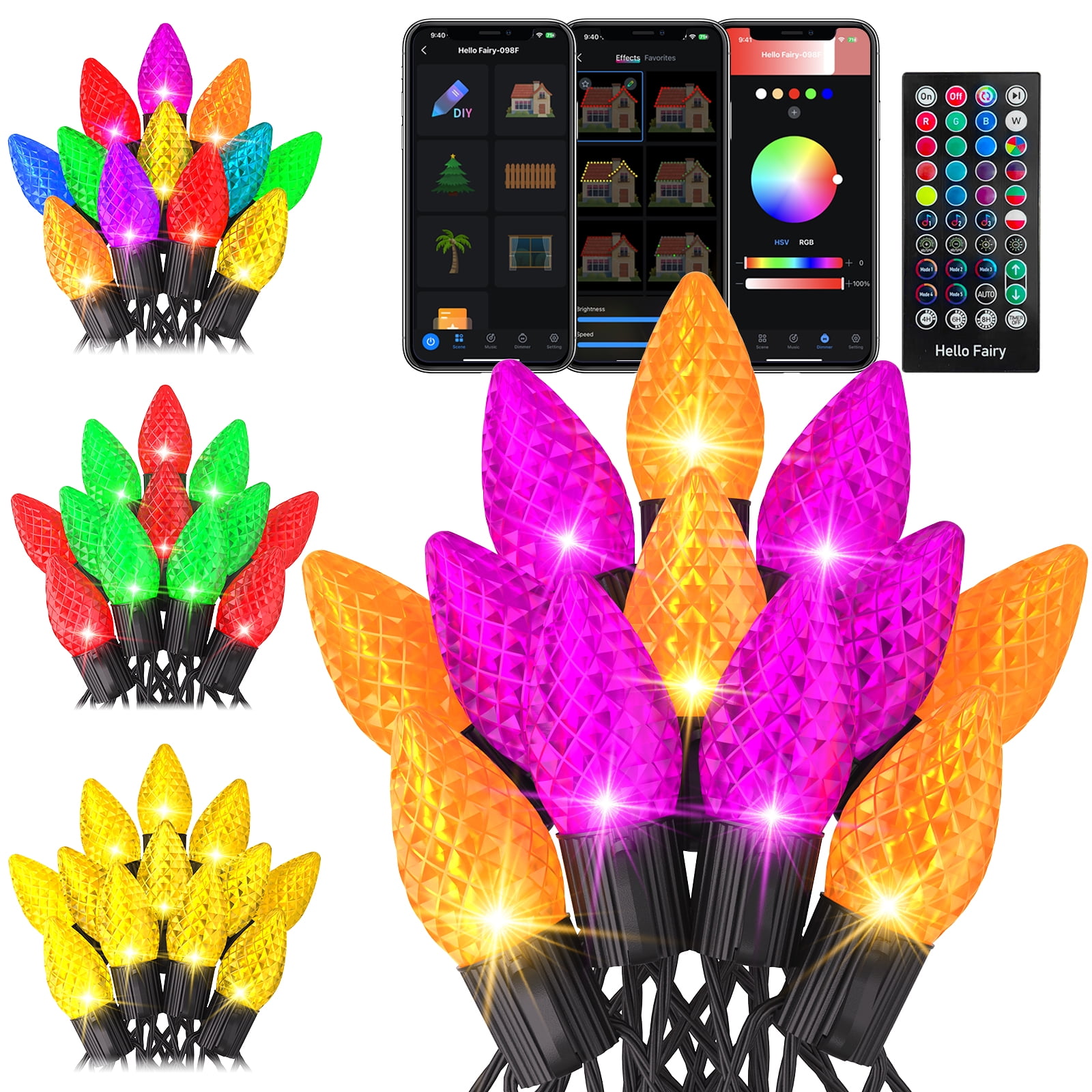 66FT Halloween Smart String Lights Extendable C9 DIY Color Changing APP ...