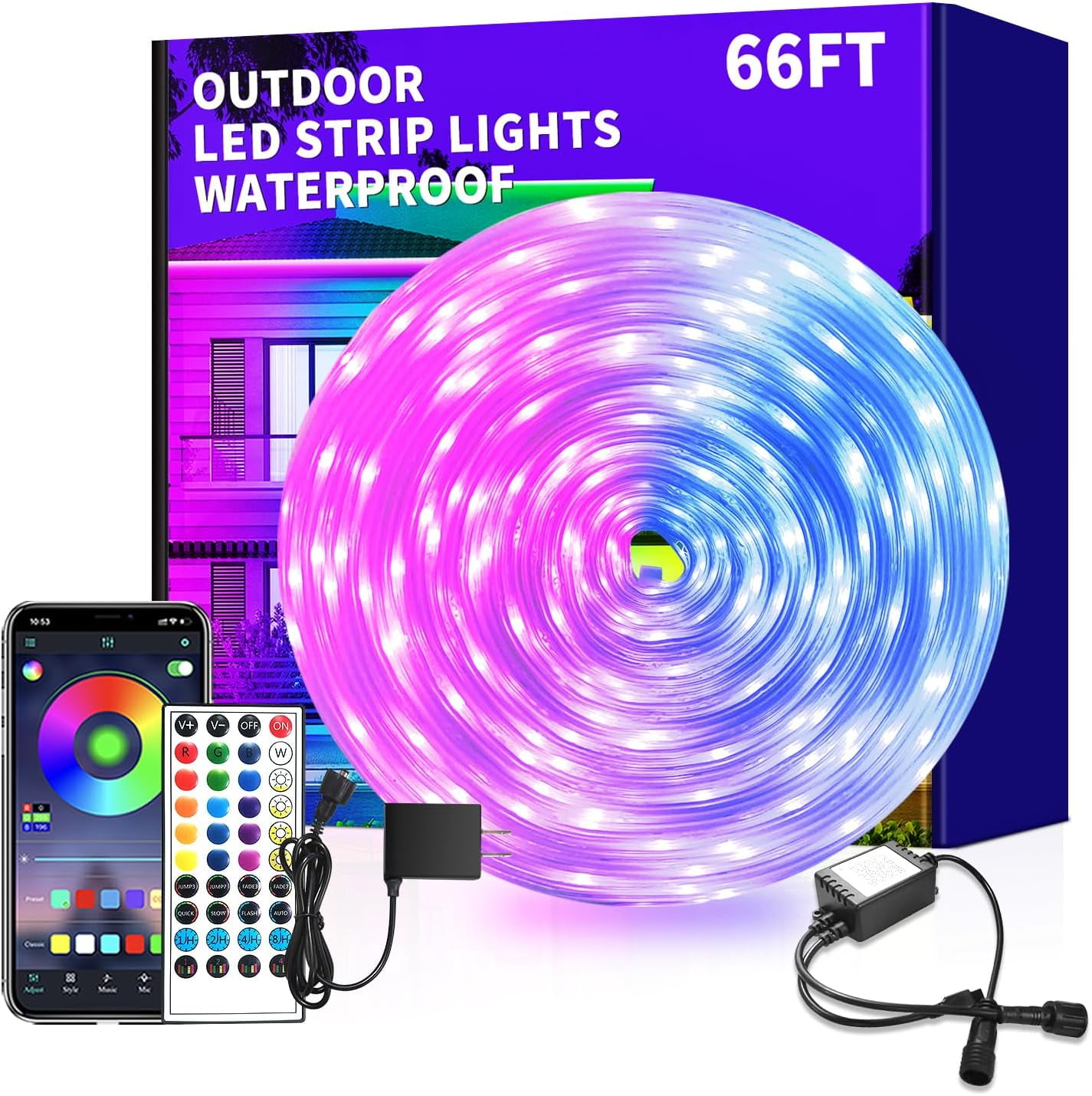66Ft Outdoor LED Strip Lights,Music Sync RGB IP68 Led Lights with App ...