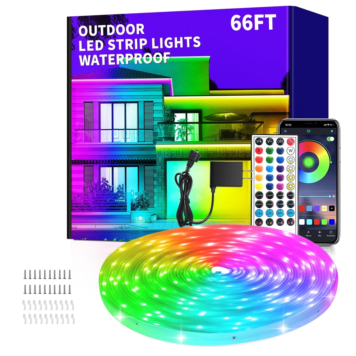 66Ft Outdoor Waterproof LED Strip Lights,Music Sync RGB IP68 Led Lights ...
