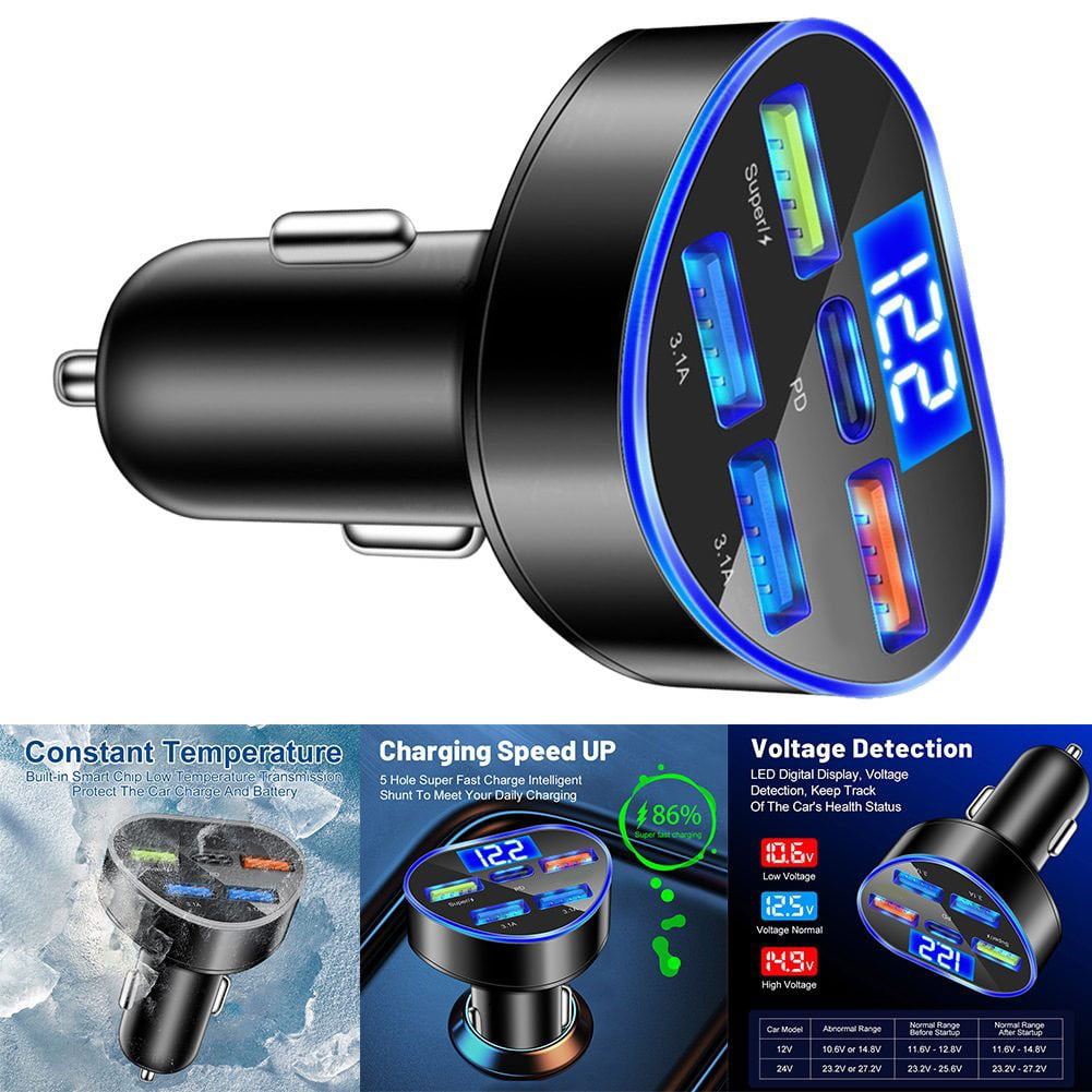 66W 5-in-1 Digital Display Car Charger 12-24V 5-Ports Super Fast Charge ...