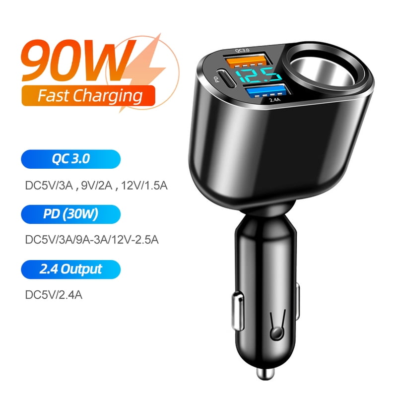 66W Car Cigarette Lighter Socket Splitter Charger PD QC3.0 Fast Charger ...