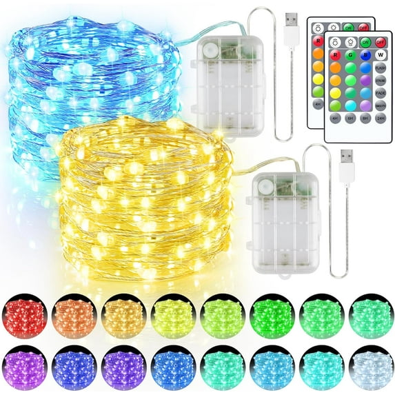 66ft 200LED Fairy Lights Battery Operated, 2 Pack 33ft 16 Color ...