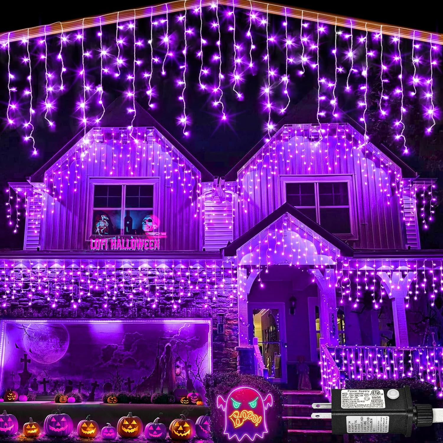 66ft Icicle Lights for Outside Halloween Decorations, Purple Lights ...