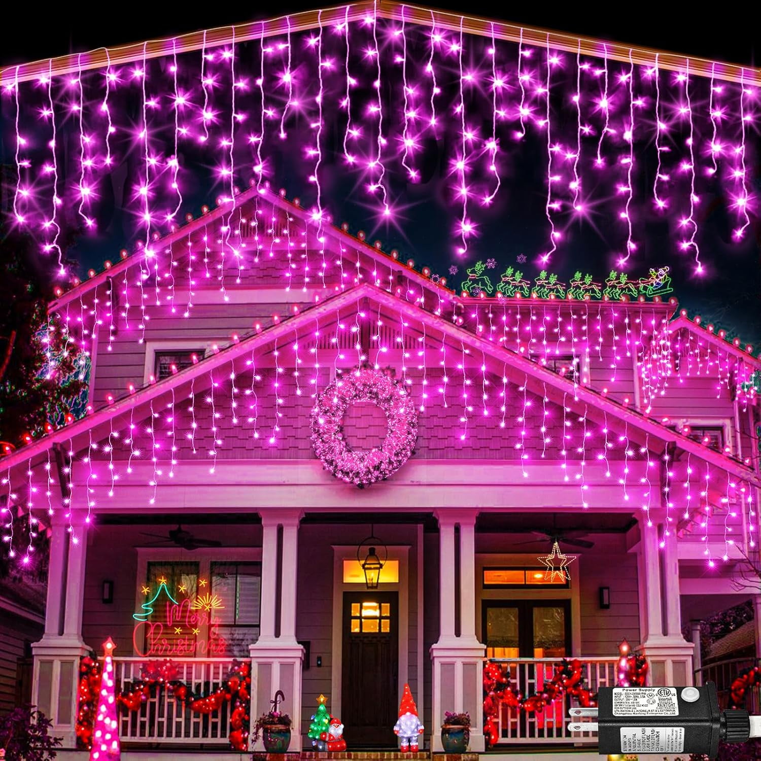 66ft Icicle Lights for Outside, Pink Christmas Lights Outdoor ...