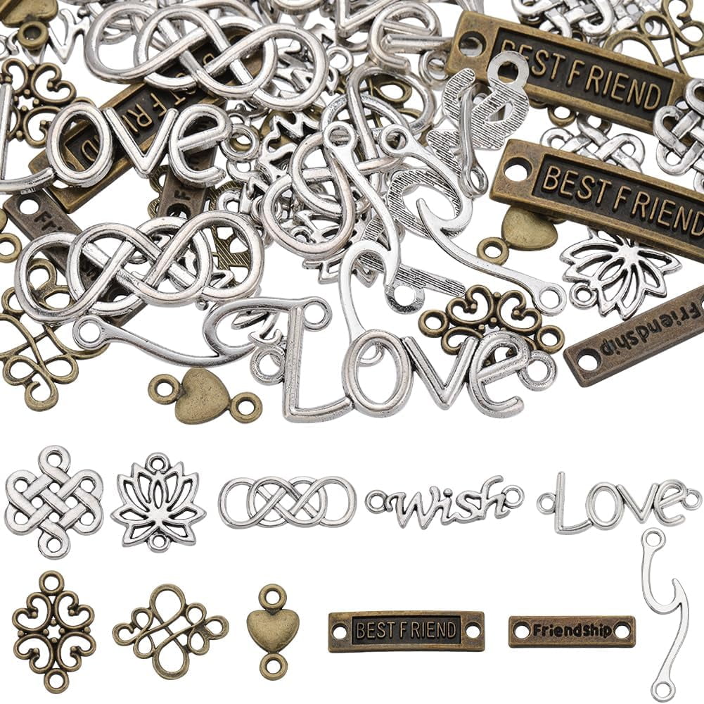 66pcs 11 styles Tibetan Style Alloy Connector Charms Heart & Flower ...