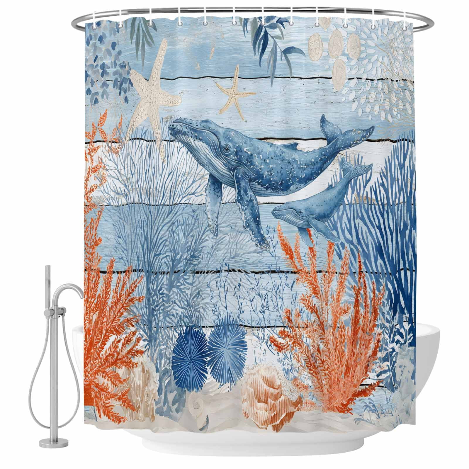 66x72 Inch Shower Curtains for Bathroom, Coastal Whale Fabric Bath ...