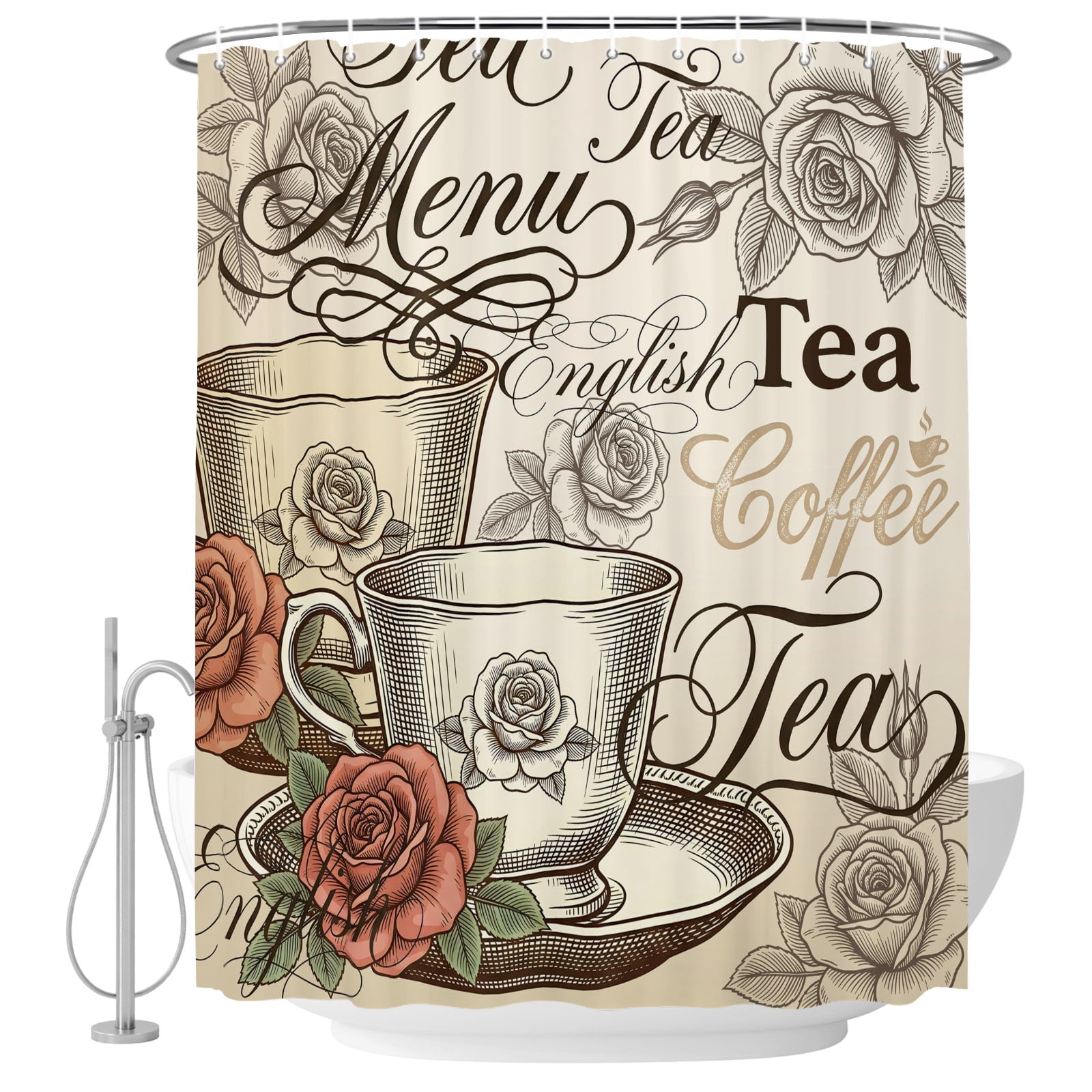 66x72 Inch Shower Curtains for Bathroom, Coffee Tea Time Fabric Bath ...