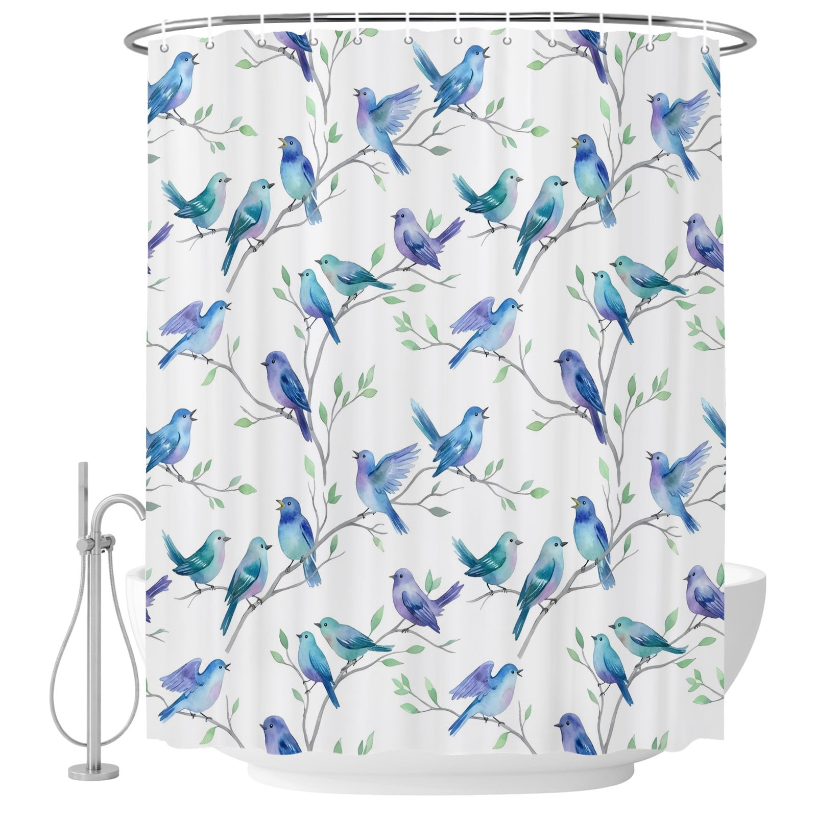 66x72 Inch Shower Curtains for Bathroom, Cute Birds Ombre Blue Fabric ...