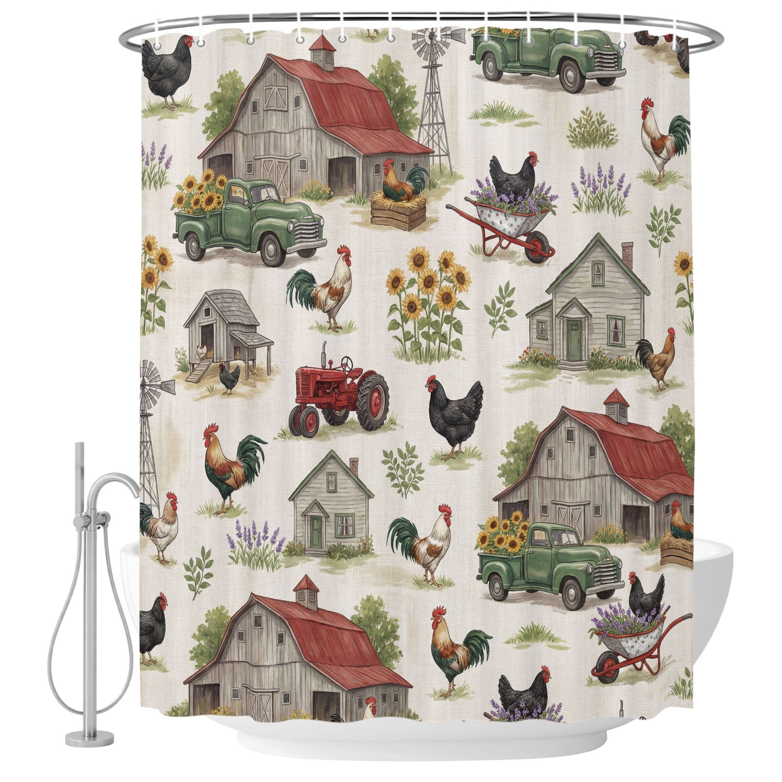 66x72 Inch Shower Curtains for Bathroom, Farmhouse Chicken Fabric Bath ...