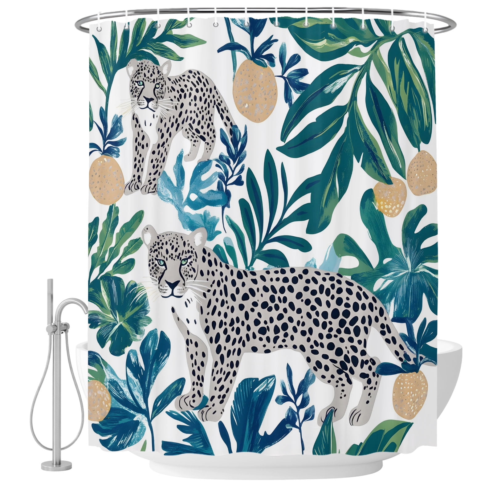 66x72 Inch Shower Curtains for Bathroom, Grey Leopard Tropical Fabric ...