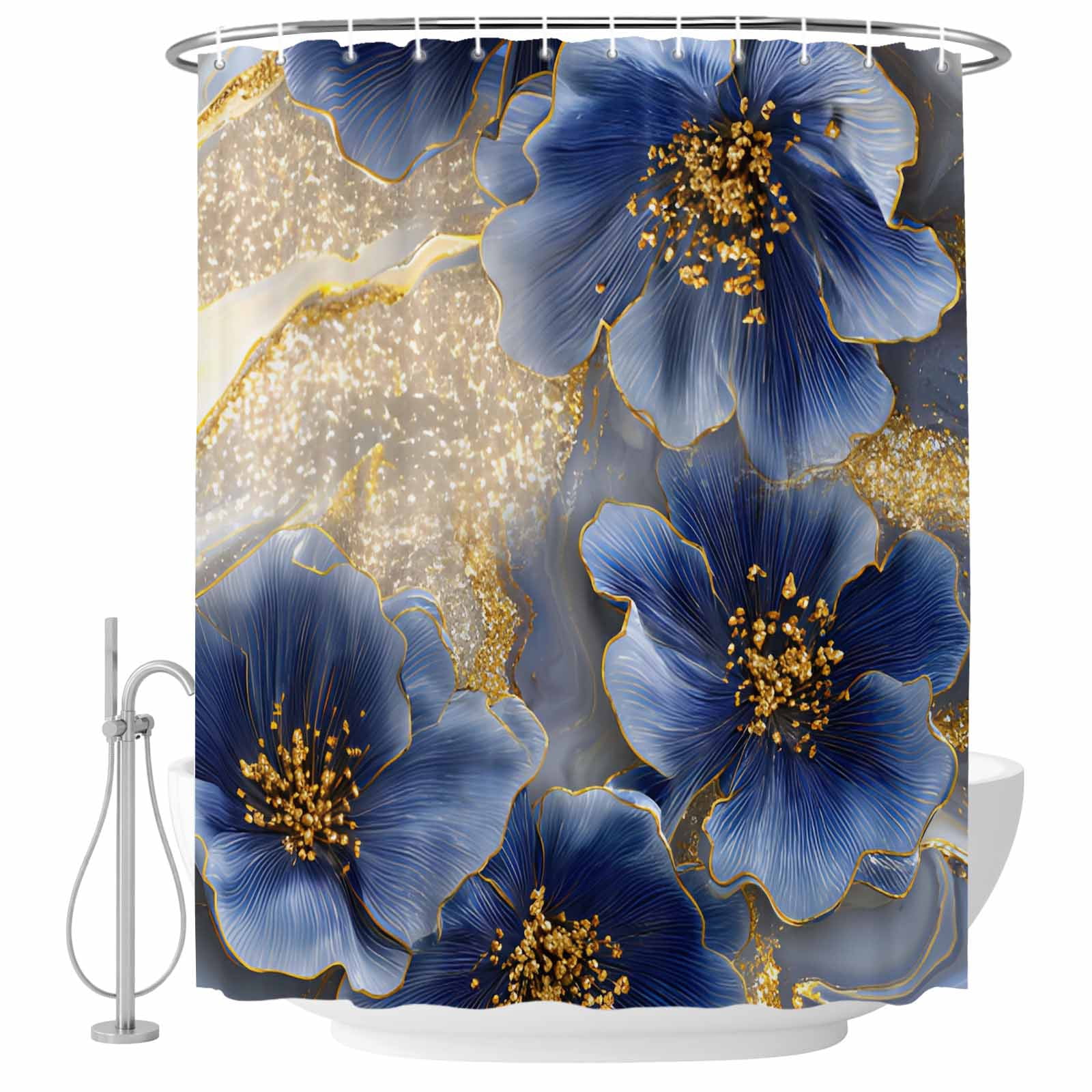 66x72 Inch Shower Curtains for Bathroom, Navy Blue Golden Flowers ...