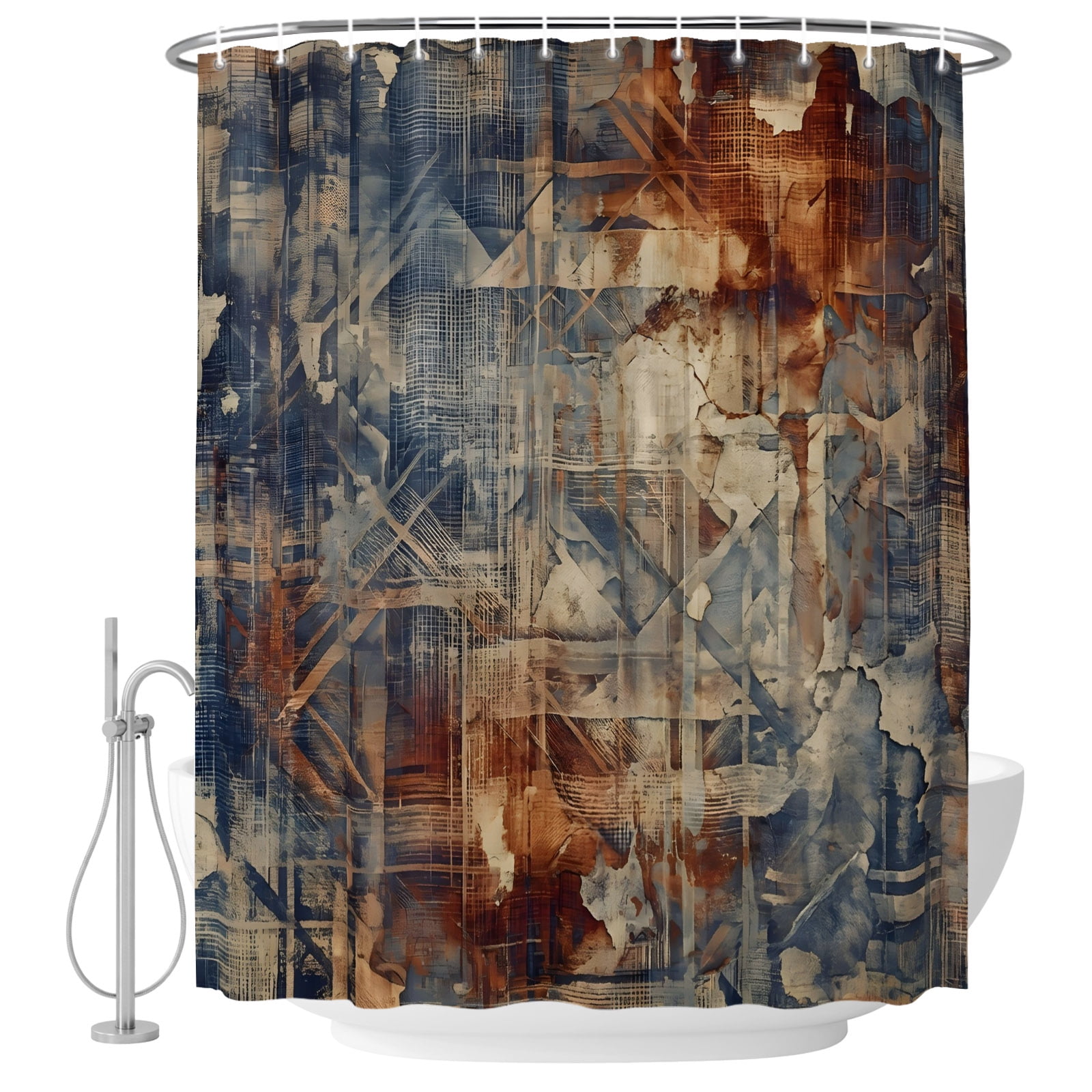 66x72 Inch Shower Curtains for Bathroom, Rustic Orange Navy Blue Fabric ...
