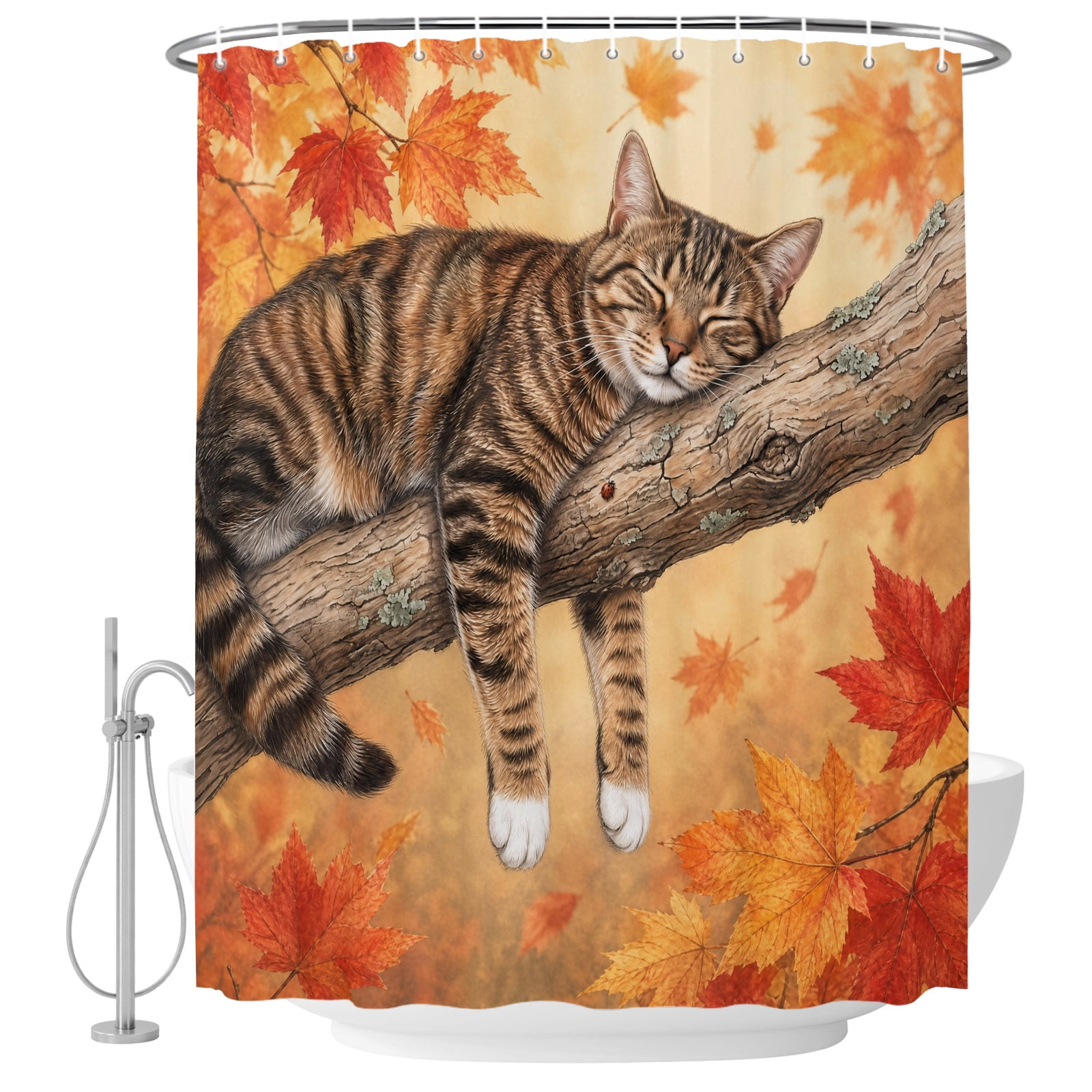66x72 Inch Shower Curtains for Bathroom, Sleeping Cat Fall Fabric Bath ...