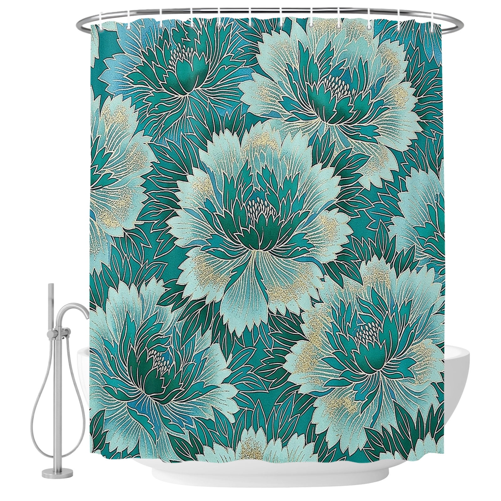 66x72 Inch Shower Curtains for Bathroom, Teal Blue Floral Boho Fabric ...