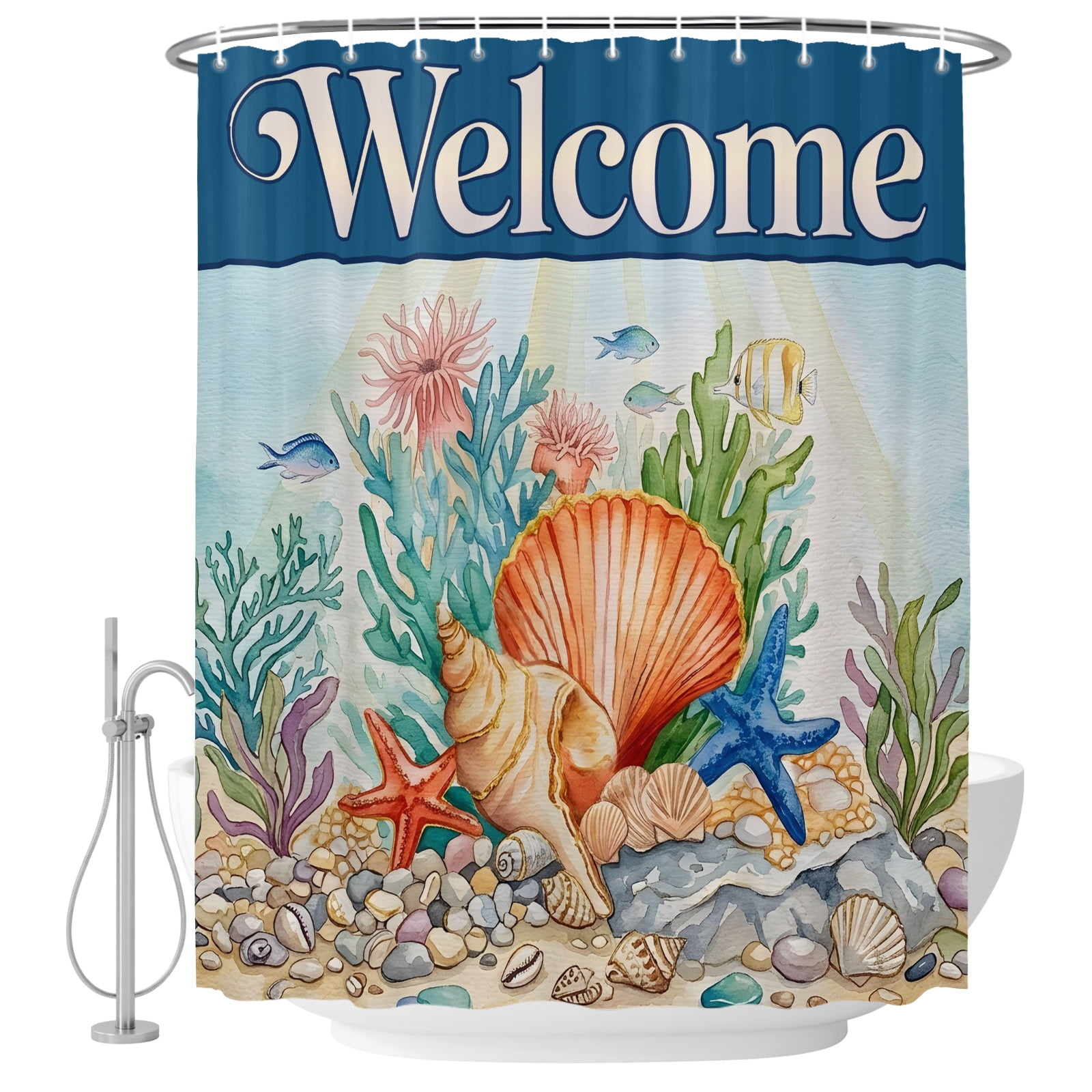 66x72 Inch Shower Curtains for Bathroom, Welcome Blue Coral Nautical ...