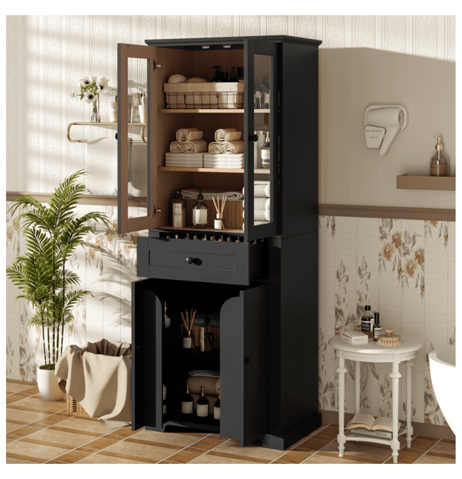 67.2" Tall Bathroom Storage Cabinet with Tempered Glass Doors ...