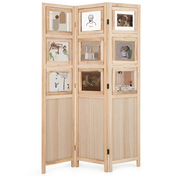 67” 3 Panel Room Divider w/Paulownia Wood Photo Frames Metal Hinges for ...