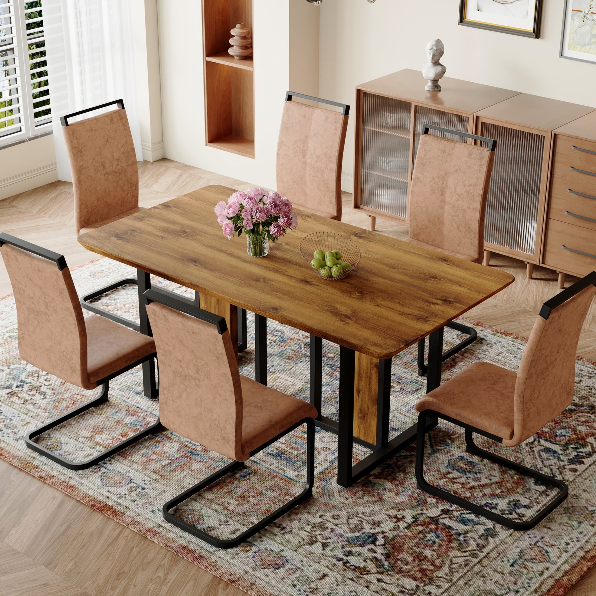 67*36-inch Dining Table . 6 Brown Fabric Chairs. Thick Tabletop. Wood ...