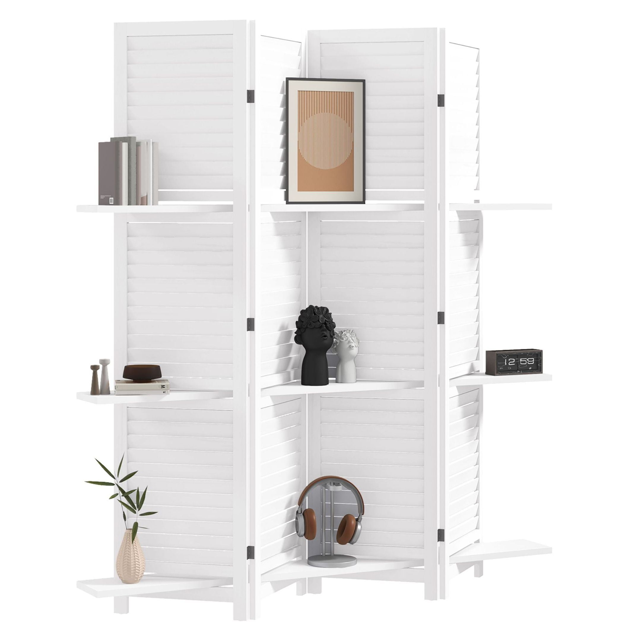 67" 4-Panel Room Divider - Wooden Privacy Screen with Shelves - Folding ...