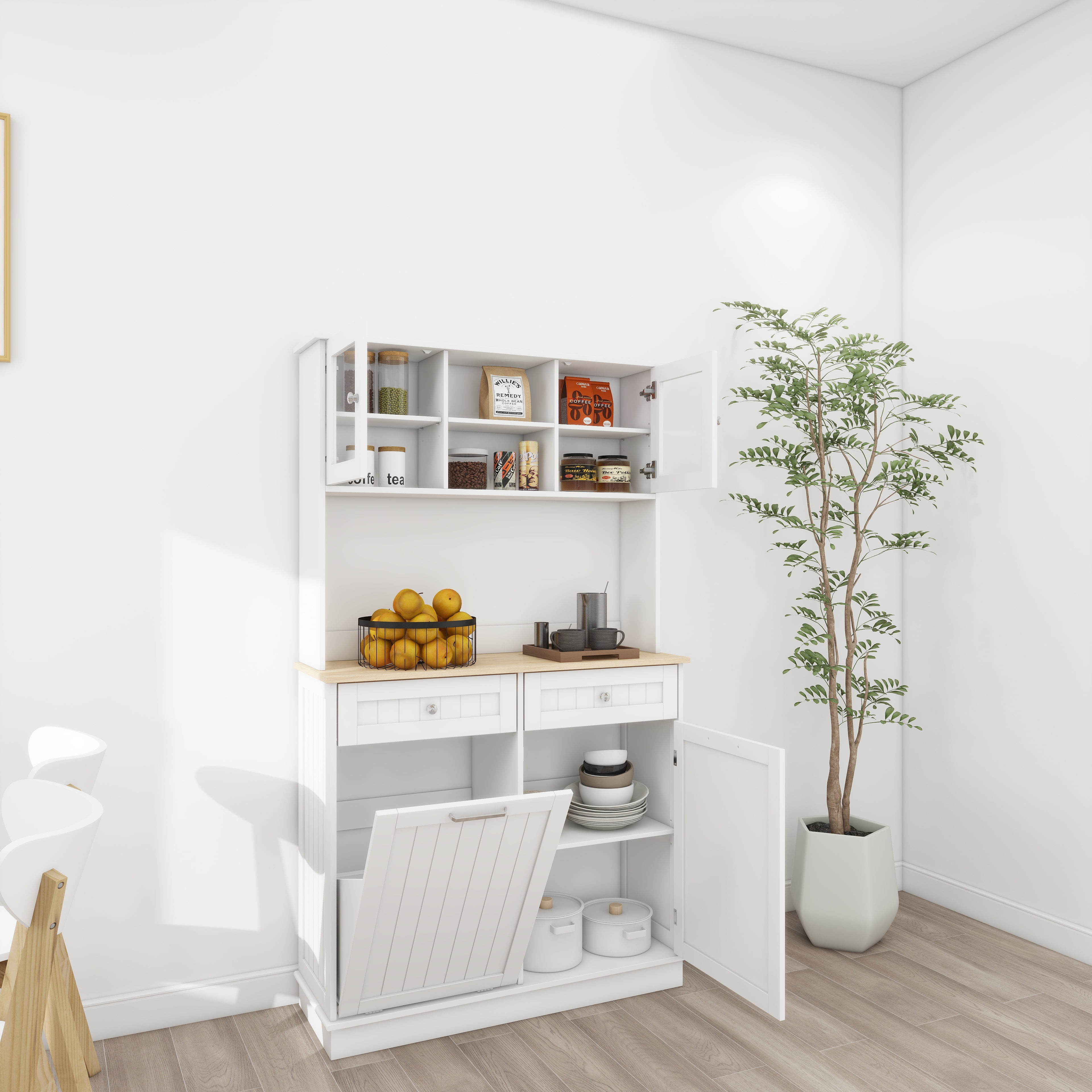 67.7" Tall Kitchen Trash Can Storage Cabinet with 3 Adjustable Shelves ...