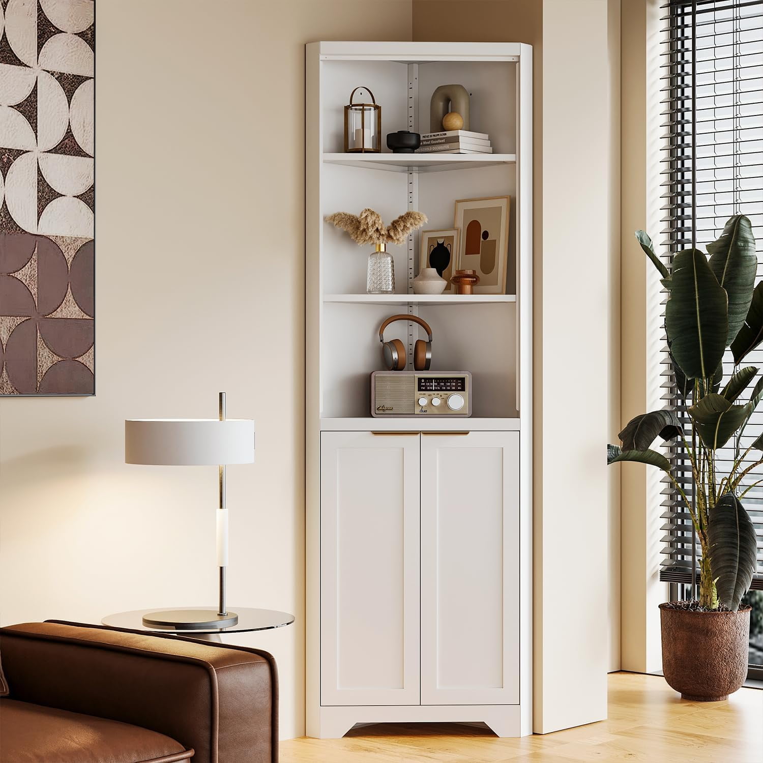 67.72" Tall White Corner Cabinet Farmhouse Bookcase Storage with 2 ...