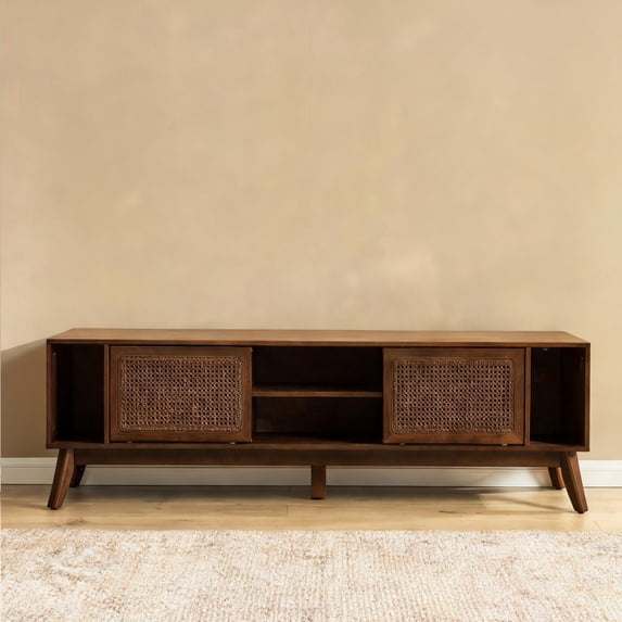 67.9-Inch TV Stand for Living Room Entertainment, Rich Brown Solid Wood ...