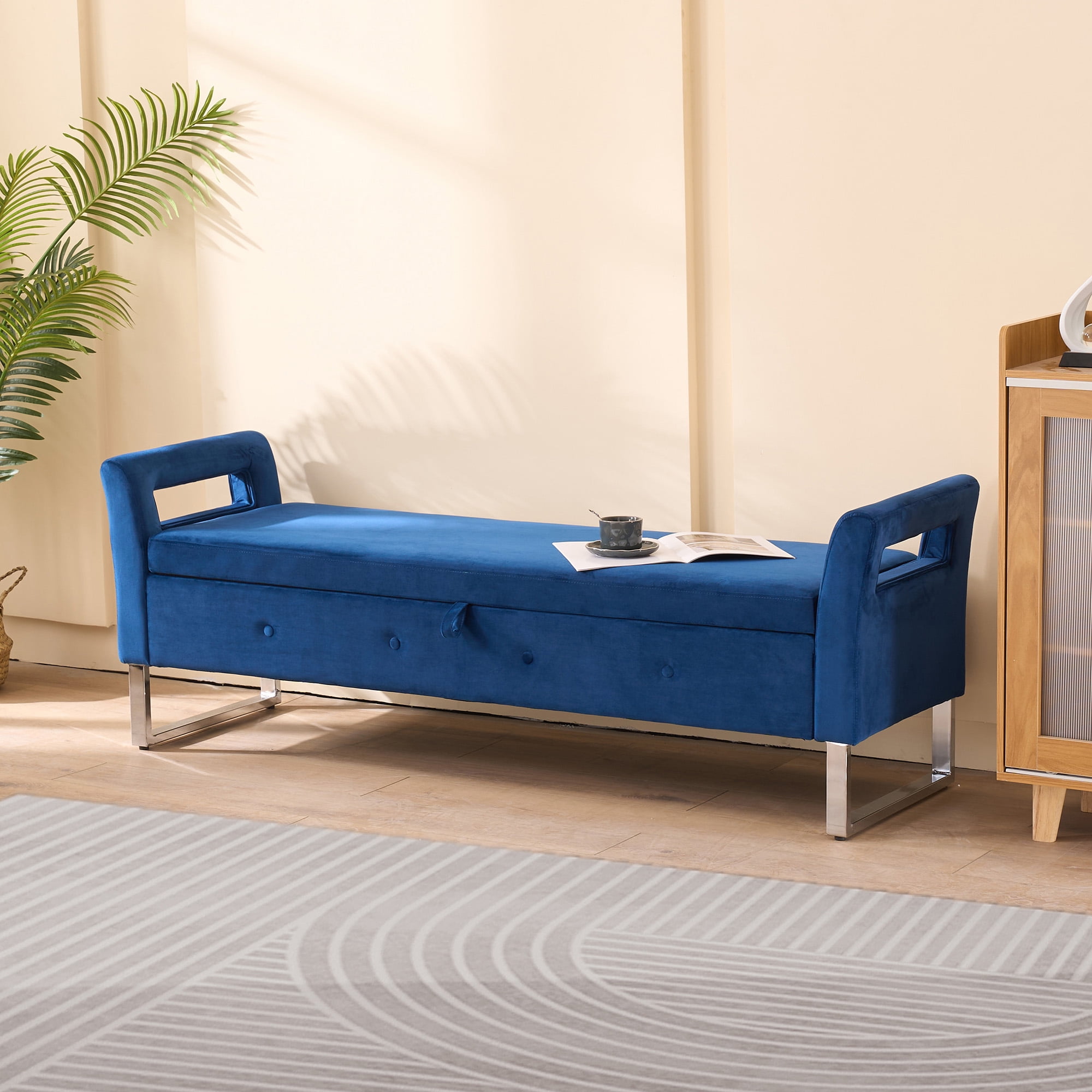 67.91"Wide Velvet Storage Soft Bench with Armrests for Living Room ...