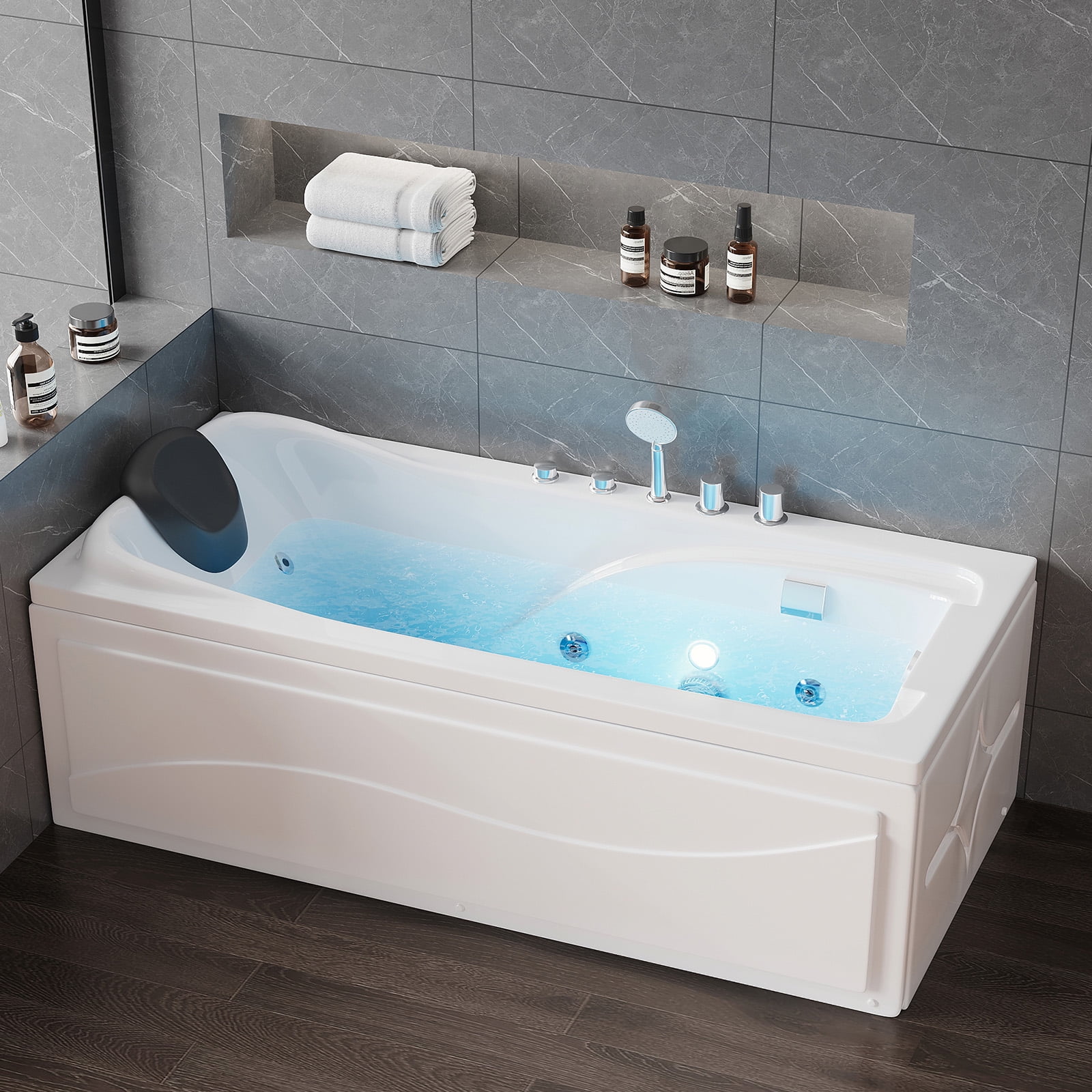 67" Acrylic Bathtub Rectangular Jetted Soaking Tub with Pillow, Hydro ...