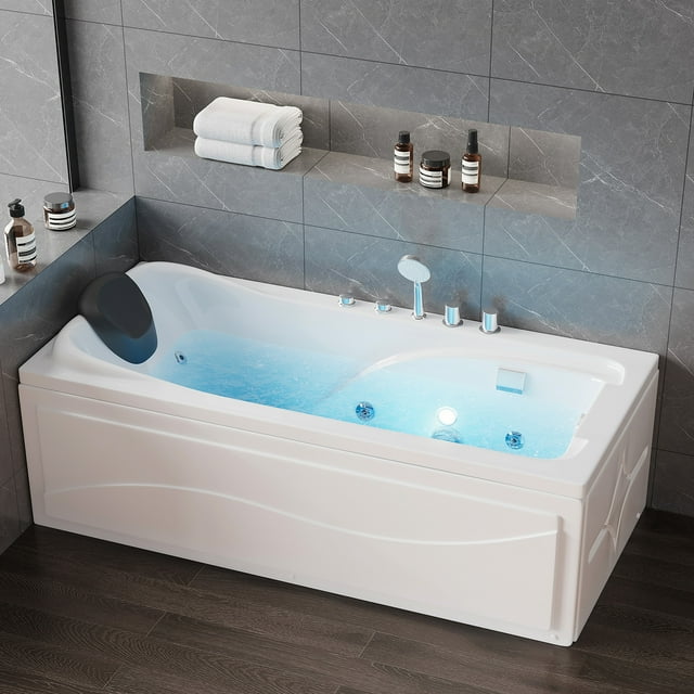 67" Acrylic Bathtub Rectangular Jetted Soaking Tub with Pillow, Hydro-Massage Therapy,Water ...