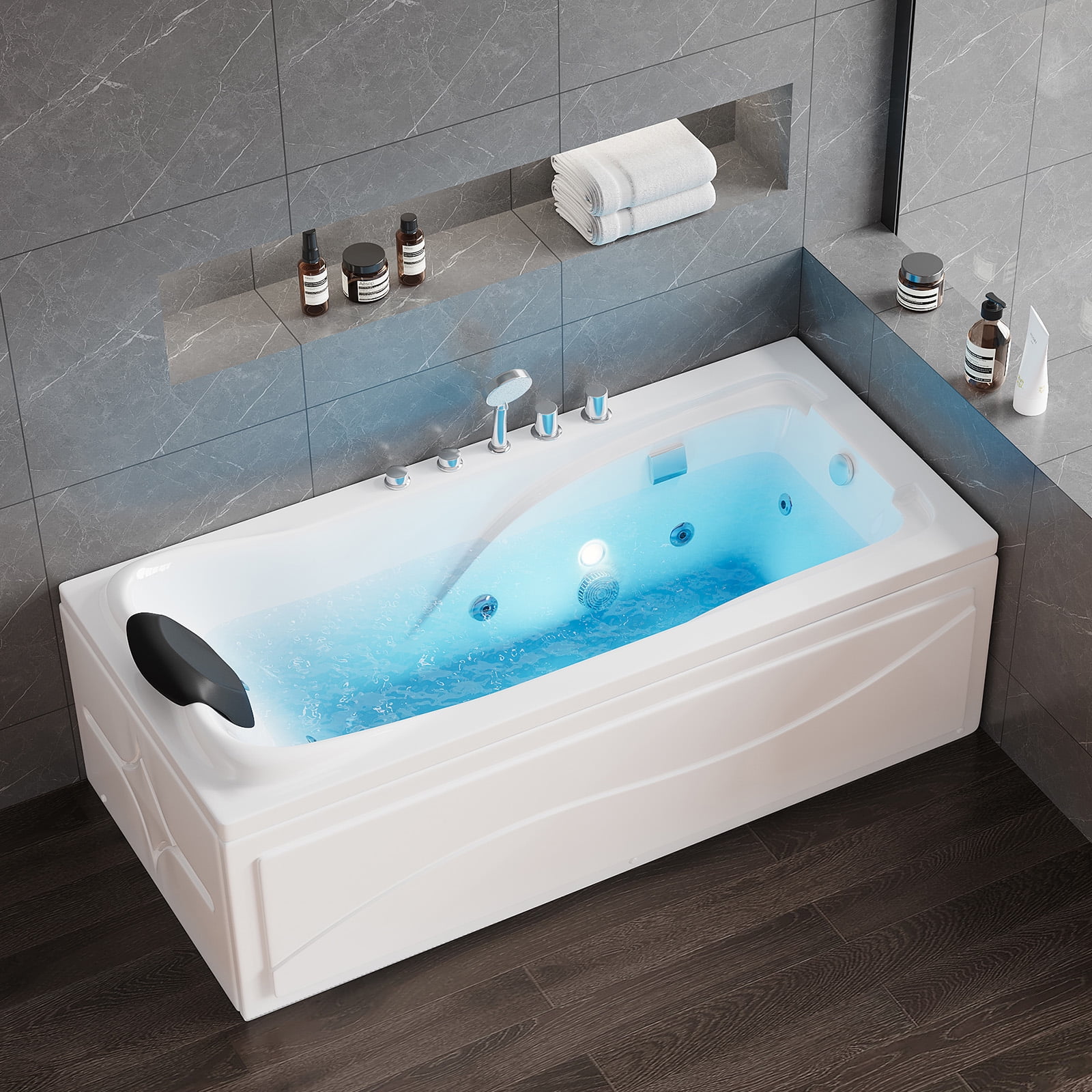 67”Acrylic Whirlpool Bathtub Rectangular Jetted Soaking Tub with Pillow ...