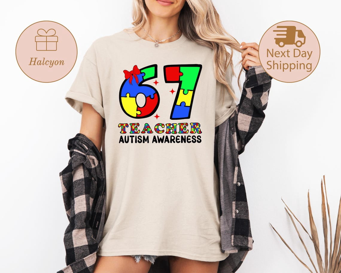67 Autism Teacher Shirt Six Seven Autism Awareness Bow 67 Autism Shirt ...