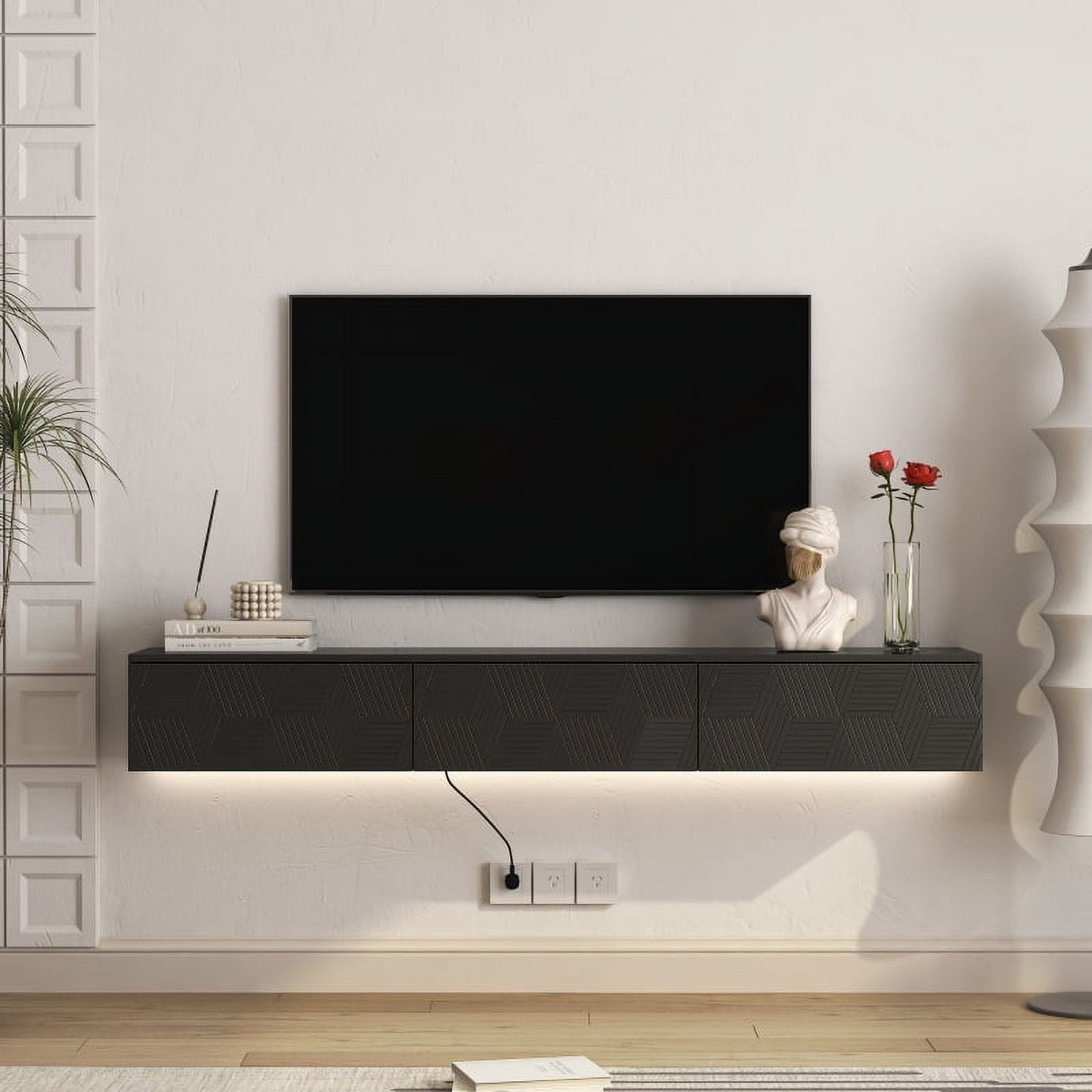 67" Black Floating TV Stand with 16-Color LED Lights - Wall Mounted ...
