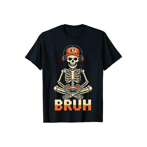 67 Bruh Gaming Graphic Tee, Six Seven Skeleton Pixel Gamer Youth Trend ...