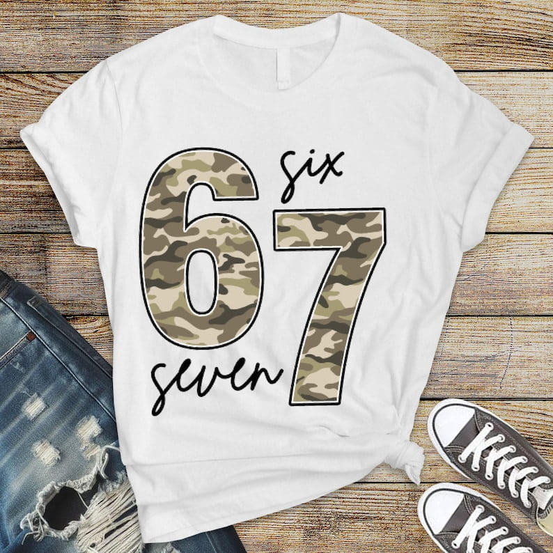 67 Camo Graphic Tee, Bold Camouflage Number Design with Six Seven ...