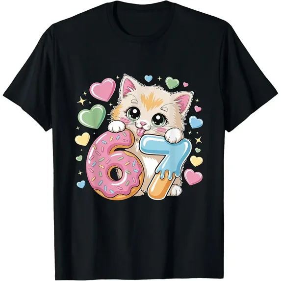 67 Cat Ice Cream Drip Cool Meme 67 Funny Six Seven Humor T-Shirt ...