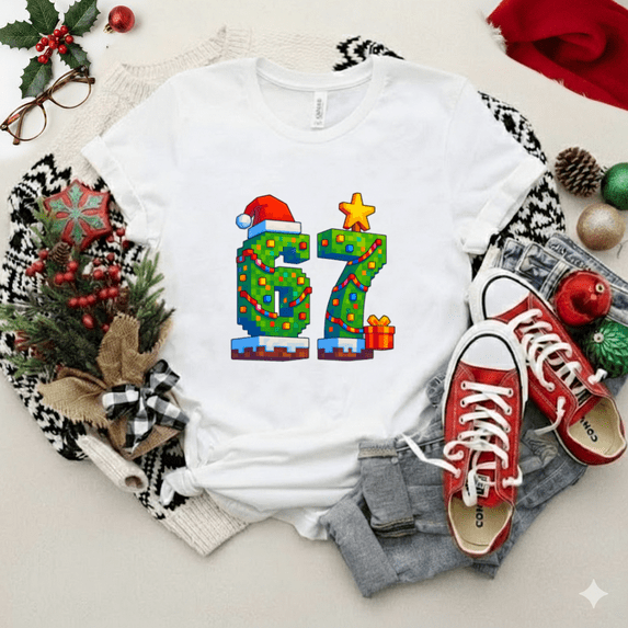 67 Christmas Pixel Tree Lights Festive Six Seven Meme Unisex T-Shirt up ...