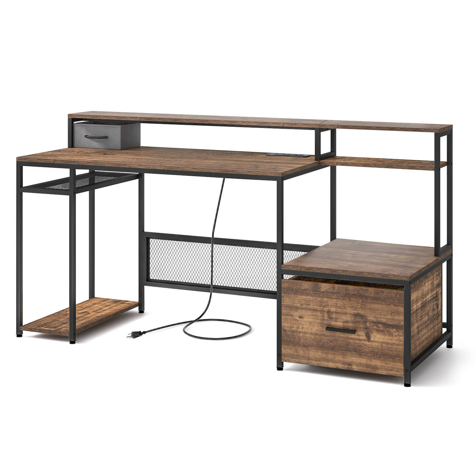 67" Computer Desk with Monitor Stand & File Drawer Power Outlets & USB ...