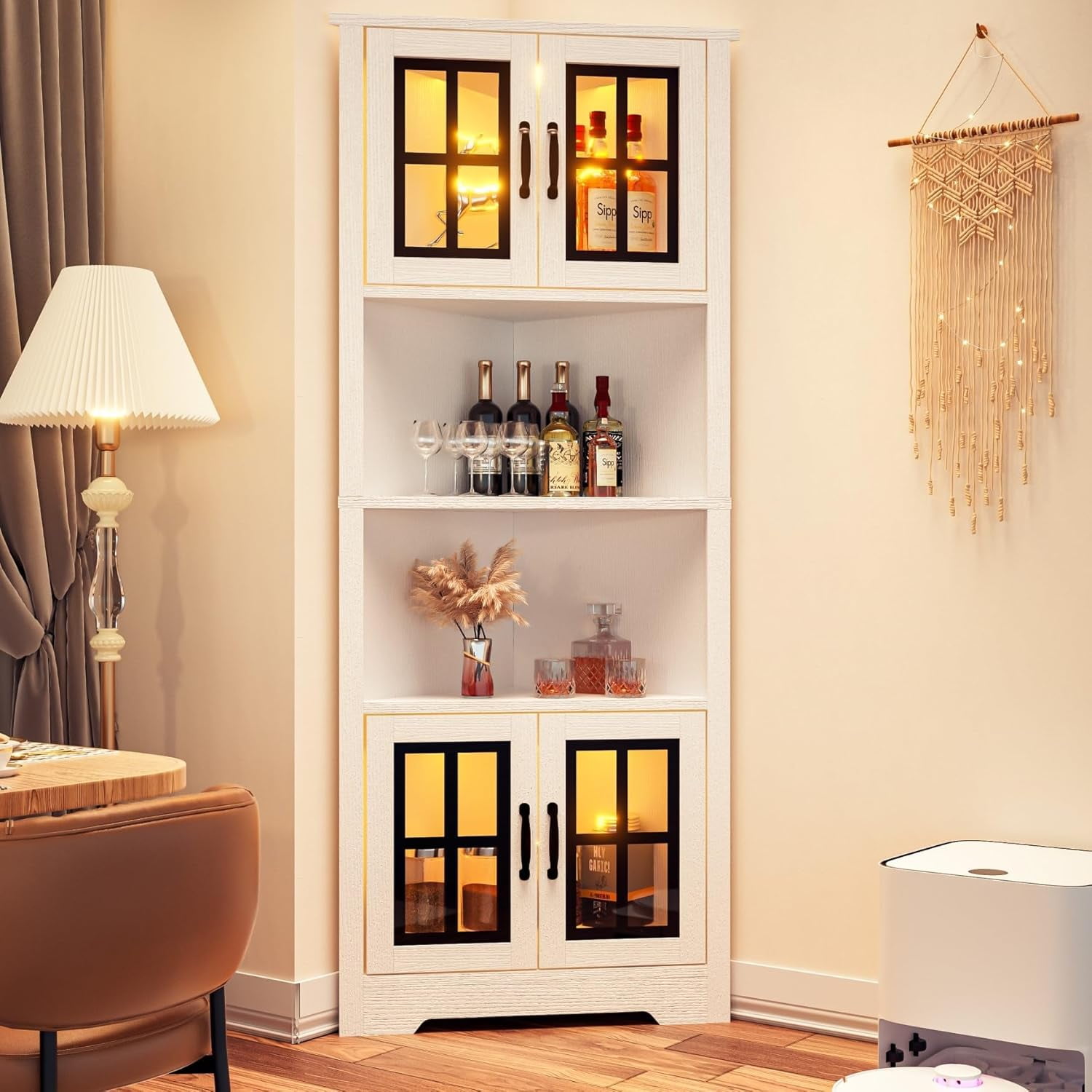 67" Corner Cabinet with LED Lights, Tall Corner Storage Cabinet with ...