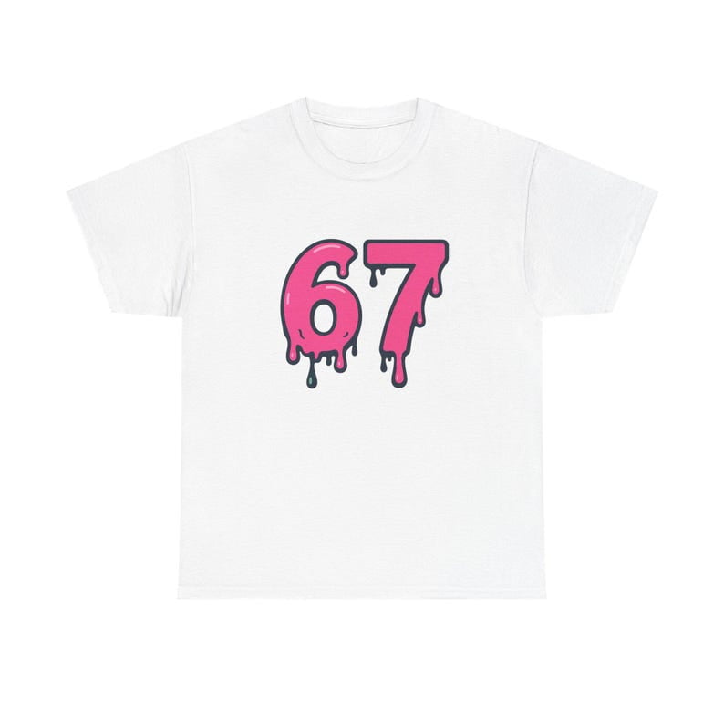 67 Drip Art Graphic Tee, Pink Melting Number Design with Fun Cartoon ...