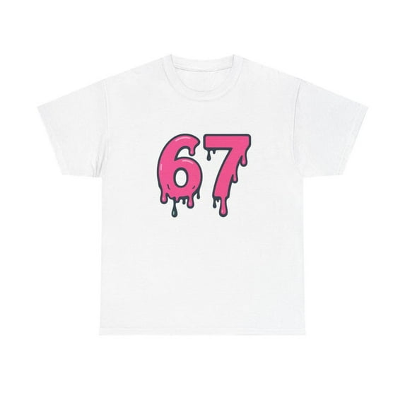 67 Drip Art Graphic Tee, Pink Melting Number Design with Fun Cartoon ...