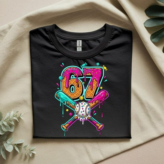67 Drip Baseball Graphic Tee, Colorful Neon Bat and Ball Artwork Shirt ...