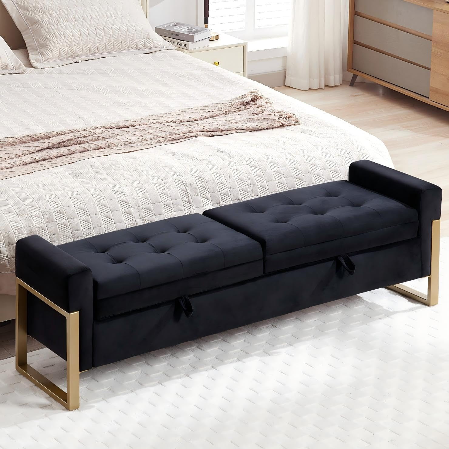 67" End of Bed Storage Bench for Bedroom King Size, Double Lids Storage ...