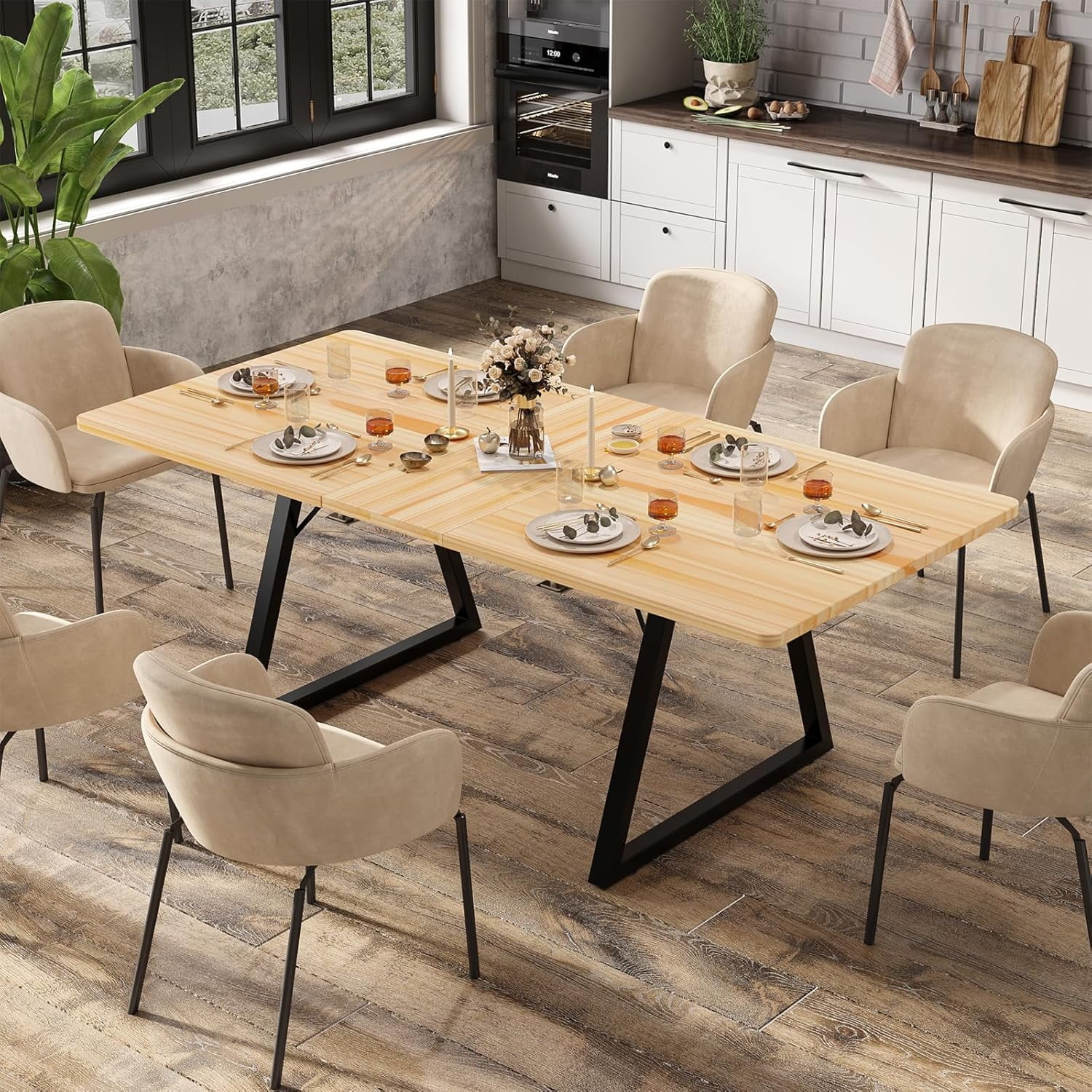 67" Extendable Dining Room Table for 4-6, Wood Rectangle Kitchen Table ...