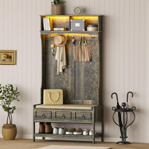 67" Farmhouse Hall Tree with Bench and Shoe Storage,LED Entryway Bench ...