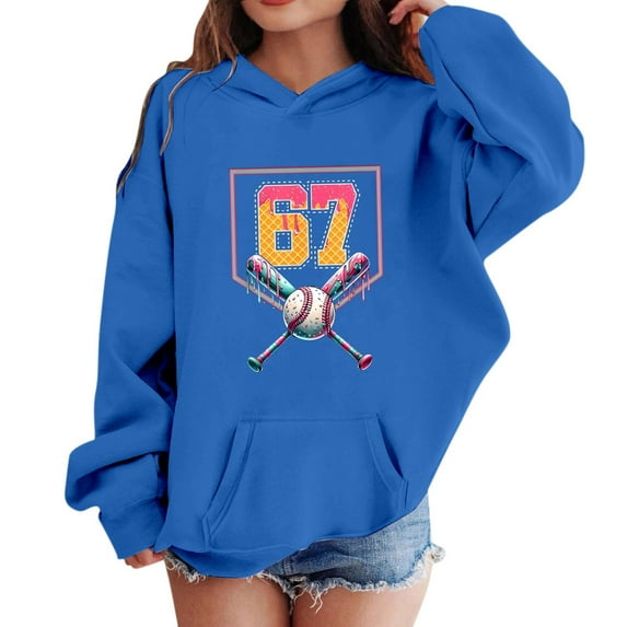 67 Graphic Print Hooded Pullover, Cozy Sweatshirt with Front Pocket for ...