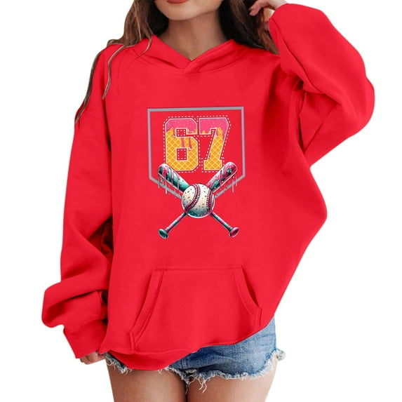 67 Graphic Print Hooded Pullover, Cozy Sweatshirt with Front Pocket for ...