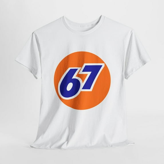 67 Graphic Tee with Bright Orange Round Background, Clean Modern Number ...