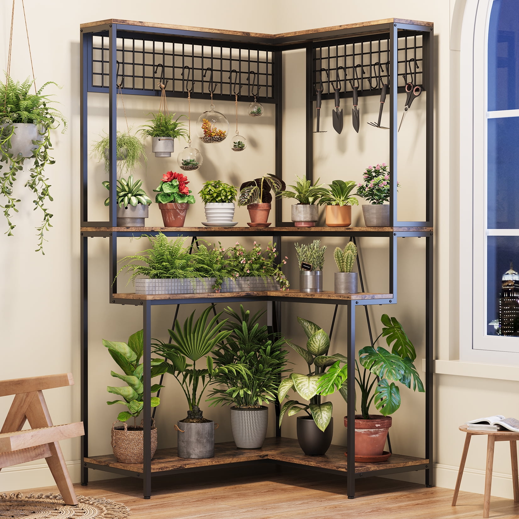 67"H Indoor Corner Plant Stand, Large Metal Plant Shelf with Hanging ...