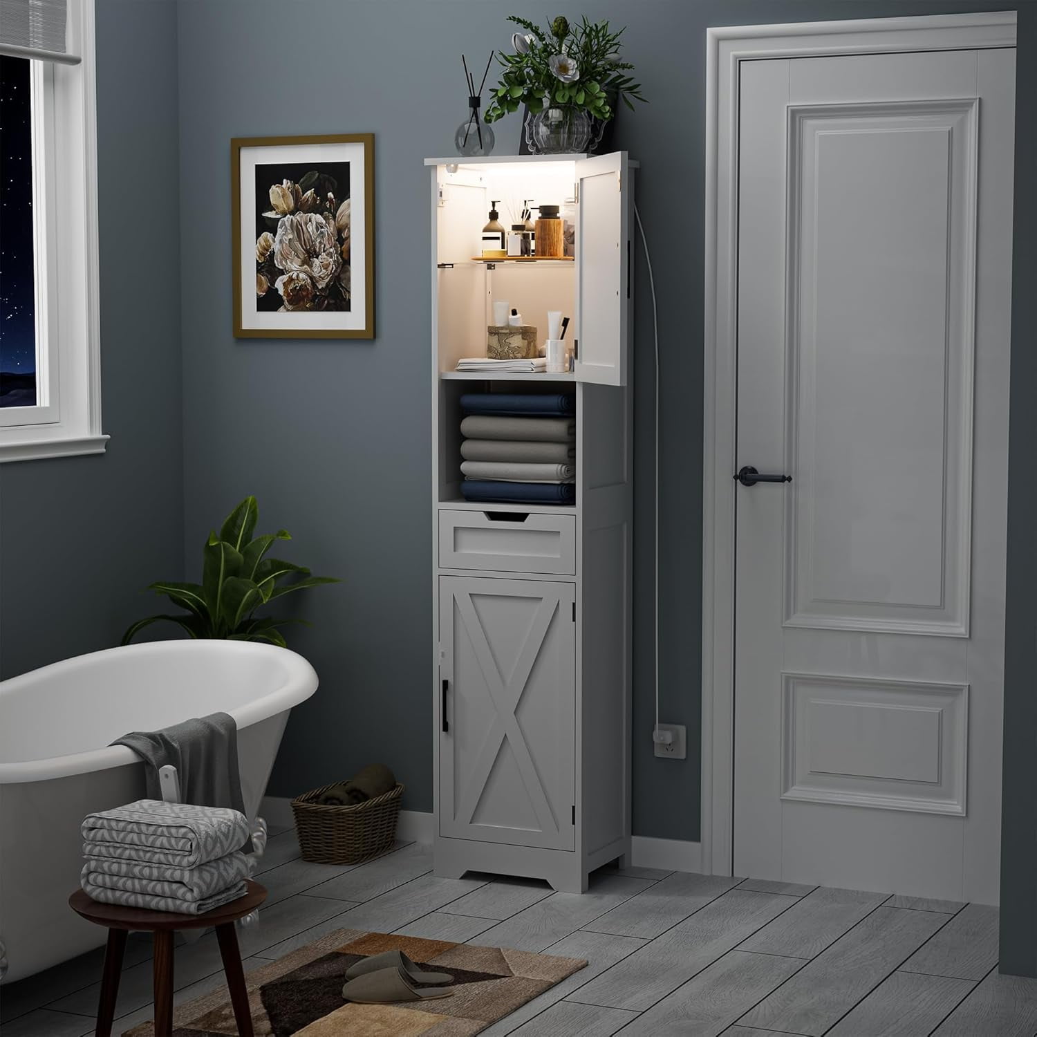 67" H Tall Bathroom Storage Cabinet with Light, 16" Wide Narrow Slim ...