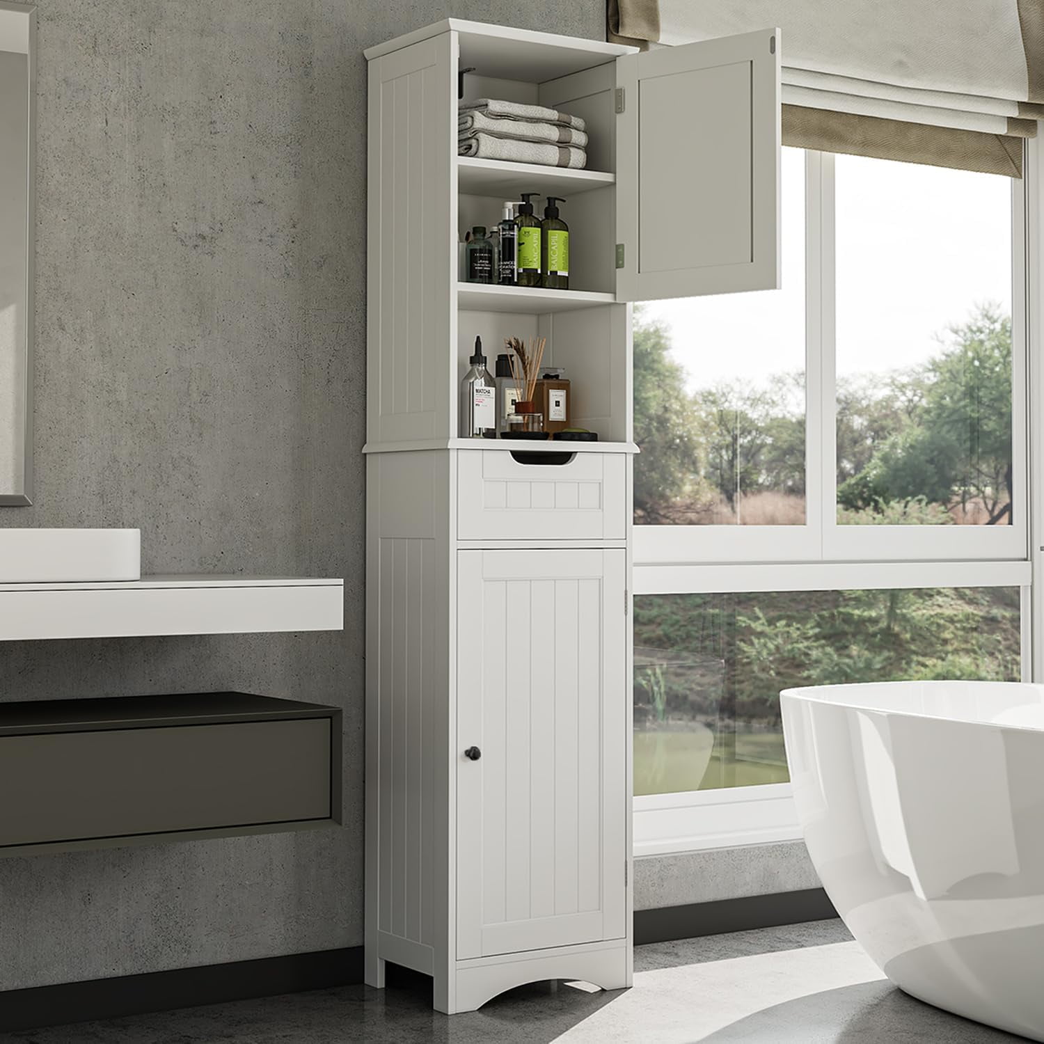 67" H Tall Bathroom Storage Cabinet, Tall and Narrow Linen Storage ...